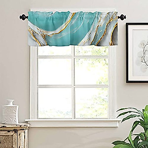 Marble Auqa Curtain Valance for Windows/Kitchen/Living Room/Bedroom, Modern Abstract Gold White Art Rod Pocket Window Valance Curtain Panel Drape Treatment, Short Topper Small Tier Cafe Curtains 54x18