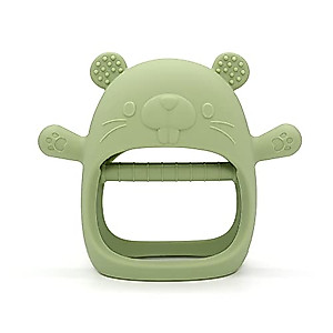 AMM Goods Marmot Silicone Baby Teether Toy, Nipple Shape Hand Pacifier, Chew Toys for Sucking Needs. Never Drop Mitten Teether, Soothing Sore Gums, Teething Pain Relief (Olive)