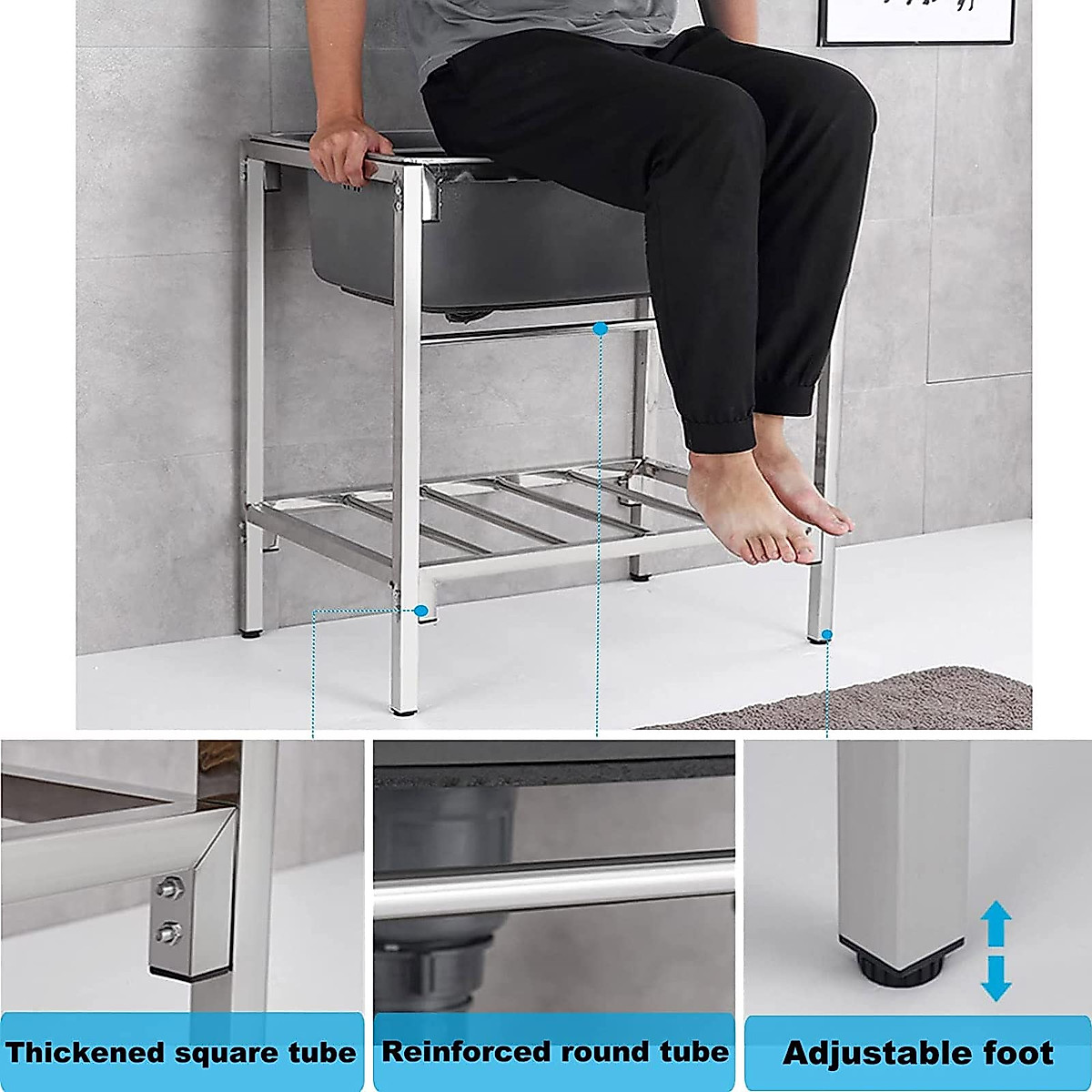 Free Standing Utility Sink Single Bowl Stainless Steel Sink w/Cold and Hot Water Pipe Faucet/Storage Shelve for Outdoor Garage Commercial Restaurant Kitchen Laundry Room 26.7"x17.3"