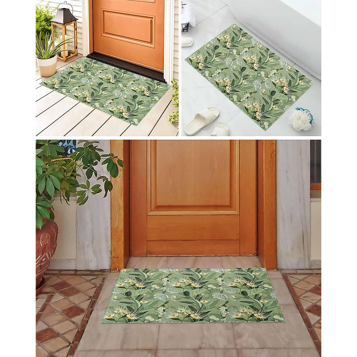 Edwiinsa Tropical Flower Plush Rug Non Slip Bathroom Mat, Soft Shaggy Bath Rugs Entryway Rug 18'' x 30'', Green Palm Leaves Botanical Spring Summer Throw Floor Carpet Mat for Bathroom Shower Kitchen