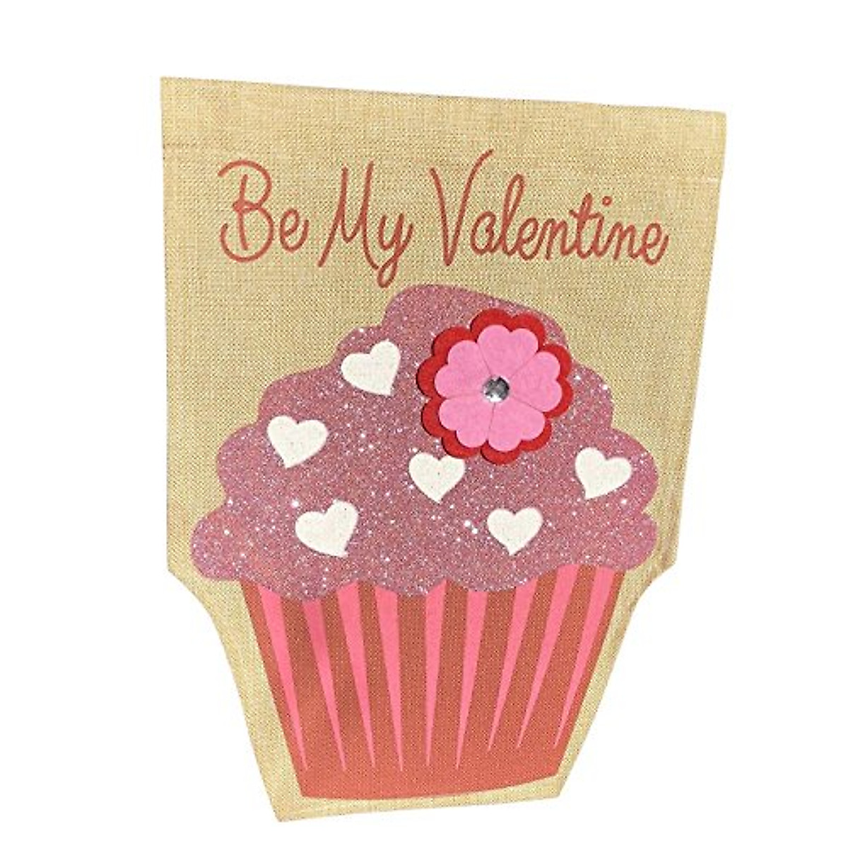 Happy Valentine's Day Garden Flag - Be My Valentine Burlap Flag – One Sided Yard Décor Decoration - Glitter Cupcake & Flower Applique Design - 12" x 17" size - by Jolly Jon