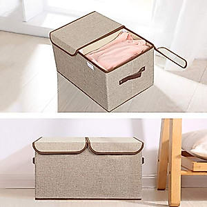 UUJOLY Cube Storage Bins with Lids Storage Box with Lids Linen Fabric Foldable Basket Cubes Organizer Storage Drawer with Lids and Handles for Home, Office, Closet, Bedroom, Nursery, Khaki