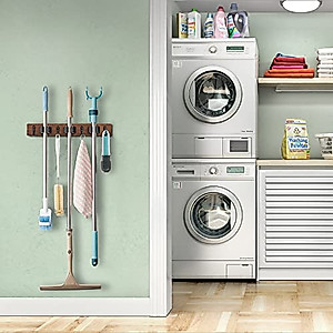 OUTNILI Mop Broom Holder Wall Mount with 3 Slots & 4 Hooks - Rustic Wood Broom Mop Hanger for Pantry Kitchen Organization - Garden Tool Organizer for Closet Laundry Room - Farmhouse Kitchen Decor