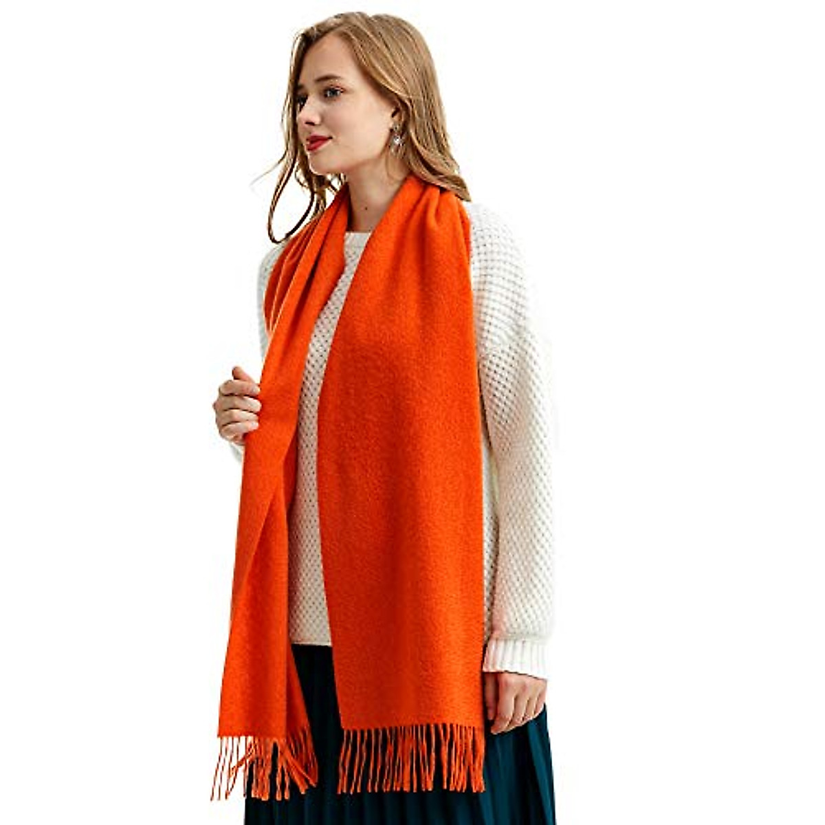 Cashmere Scarf of Pure Cashmere, Quality Finishing, Gorgeous & Natural, Long Size 70.9x11.9 in, K0102 (Orange)