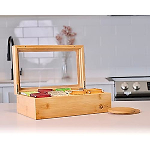 Premium High-end 100% Natural Bamboo Tea Box with 2 Coasters - Wooden Tea Organizer - Tea Bag Organizer Wooden Storage Box - 8 Adjustable Compartments - Clear Lid - Magnet Closure