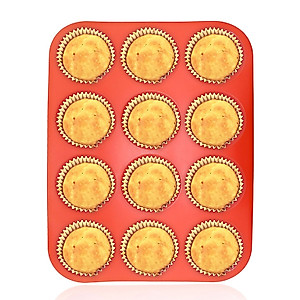 Silicone Muffin Pan 12 Cups, Amison Cupcake Baking Pan/Tray, Non-Stick Silicone Mold, Dishwasher - Microwave Safe (12 Cups, Red)