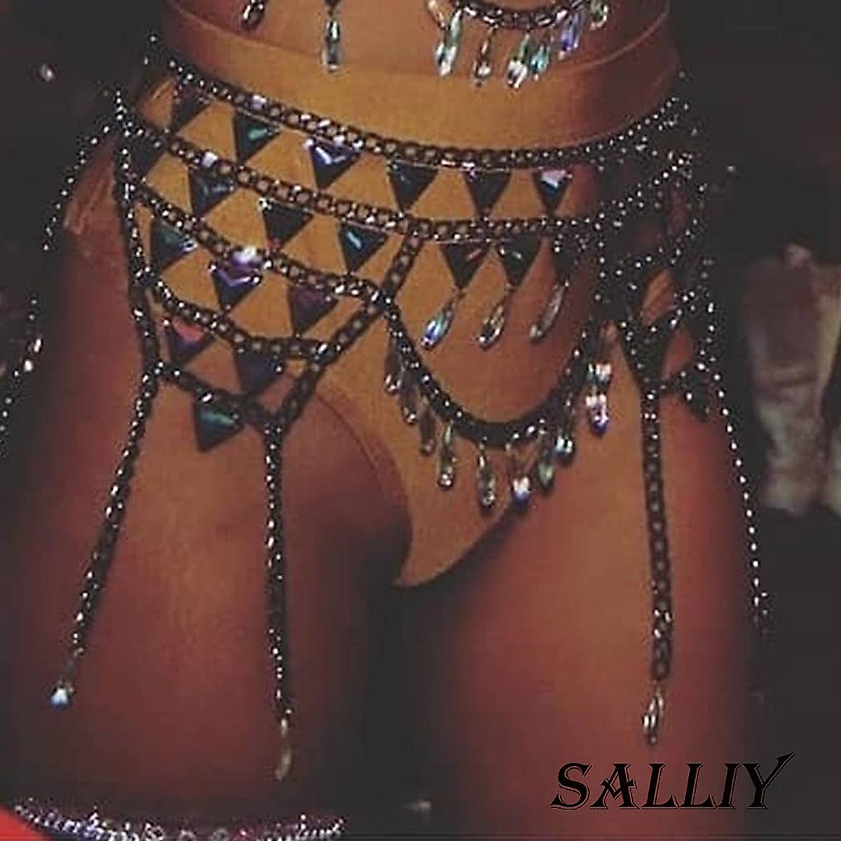 Salliy Boho Rhinestone Bikini Chain Set Silver Sexy Sequins Mesh Body Chains Summer Bra Body Jewelry for Women and Girls (F)