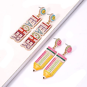 NLCAC 2 Pairs Teacher Earrings for Women Beaded Teacher Pencil Drop Dangle Earrings Teacher Appreciation Gifts for Women Pencil