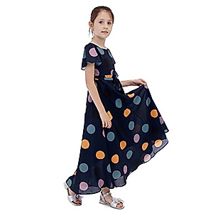 PUSEGA Blue Polka Dot Dress for Teens Toddler Dress for 8 Years Girls, Short Sleeve Dress, Holiday Dresses (Blue, 130, 8years)