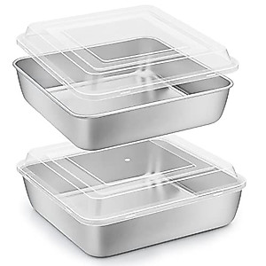 Herogo 8”x 8” Square Cake Pan, Stainless Steel Square Baking Pan with Lid, Cakes Brownie Lasagna Pan Set, 2 Pans + 2 Lids, Healthy & Durable, Dishwasher Safe