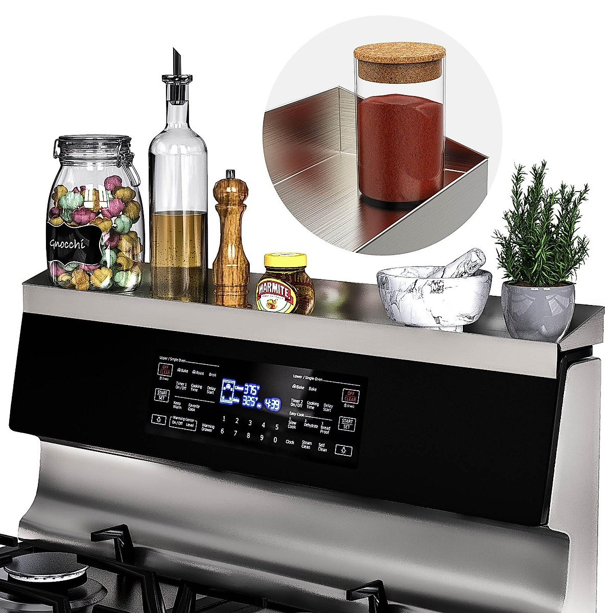 IIIOIIIA Stove Top Magnetic Shelf for Kitchen Organization, 30" Magnetic Spice Rack Over The Stove, 4" Deep Spice Organizer with Border All Around, Brushed Stainless, Silver