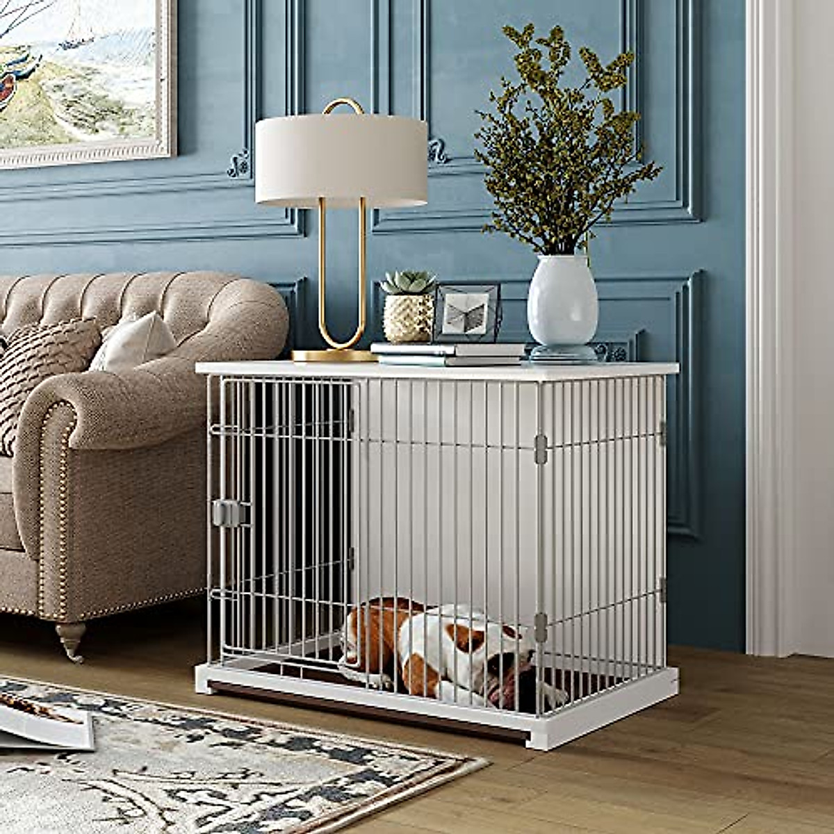 EMKK 34" Wooden Structure White Dog Cage Crate, End Table with Movable Salver, Dog House Cage Indoor Use, with Wide Table Top,Dog Crates for Large Dog Mental Wire Crates Dog Kennels Pet Dog Cage Crate