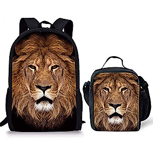 HUGS IDEA Lion Backpack Set Teen Boys School Shoulder Bags Bookbag and 3D Animal Lunch Boxes