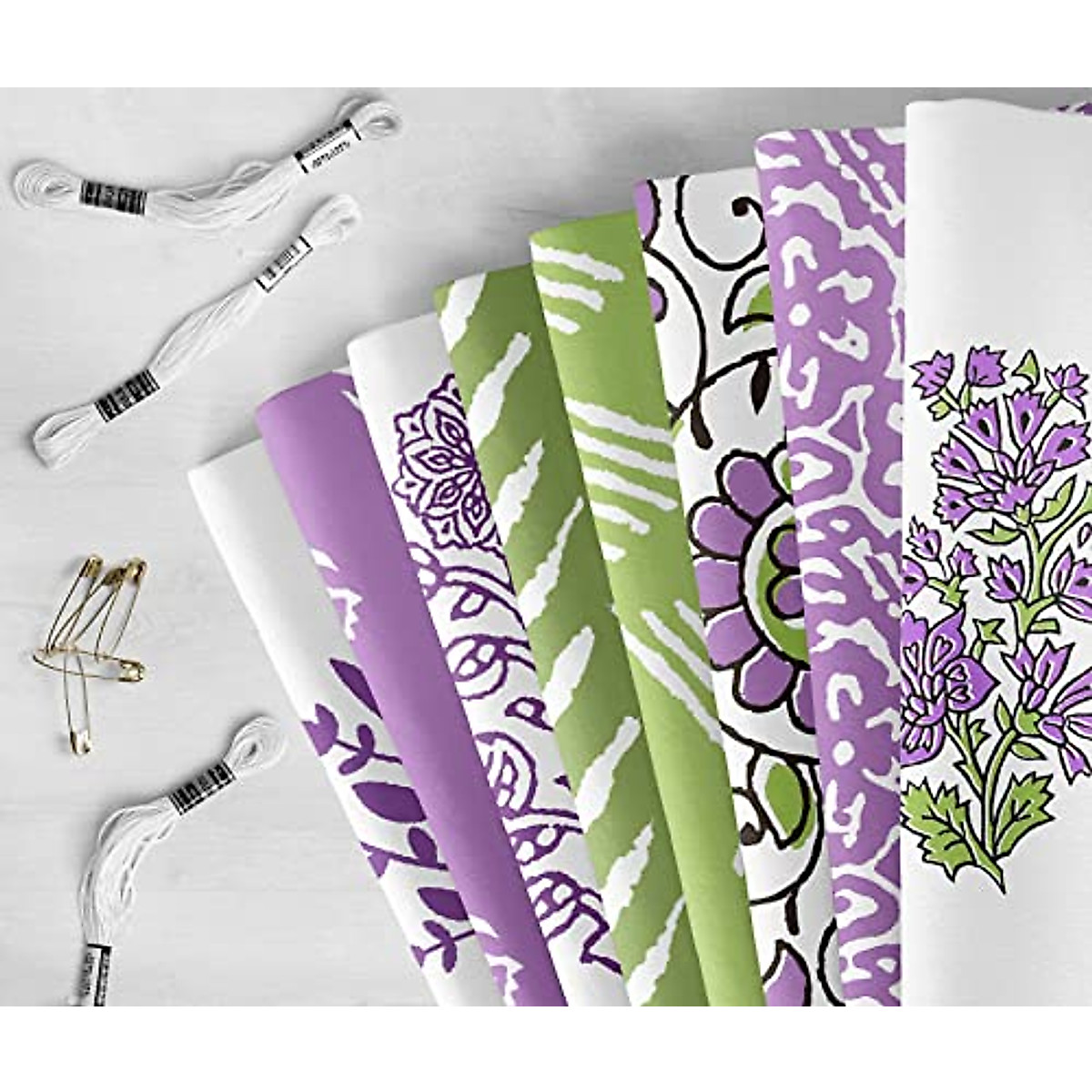 Soimoi 8 Pc Fat Quarter Bundle - Asian Block Print 18"x 22" DIY Patchwork- 100% Cotton Pre-Cut Quilting Fabric (Green & Purple)