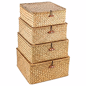 Ruosuruosu Cube Stackable Storage Bins Lids,Wicker Woven Storage Baskets Shelves,Set 4 Seagrass Storage Boxes,Rattan Storage Containers Organizing,Clothes,Toys,Books Cluttered Small Items Honey Brown