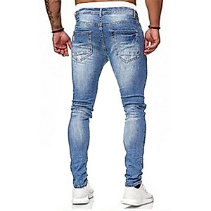HUNGSON Men's Blue Slim Fit Jeans Stretch Destroyed Ripped Skinny Jeans Side Striped Denim Pants(LLBlue,30)