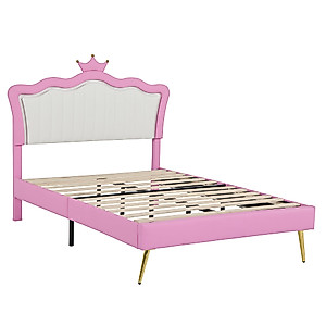 SOFTSEA Full Size Upholstered Bed with LED Lights, Princess Platform Bed for Girls, Adjustable Headboard with Crown, Wood Slats Support, No Box Spring Needed, Pink