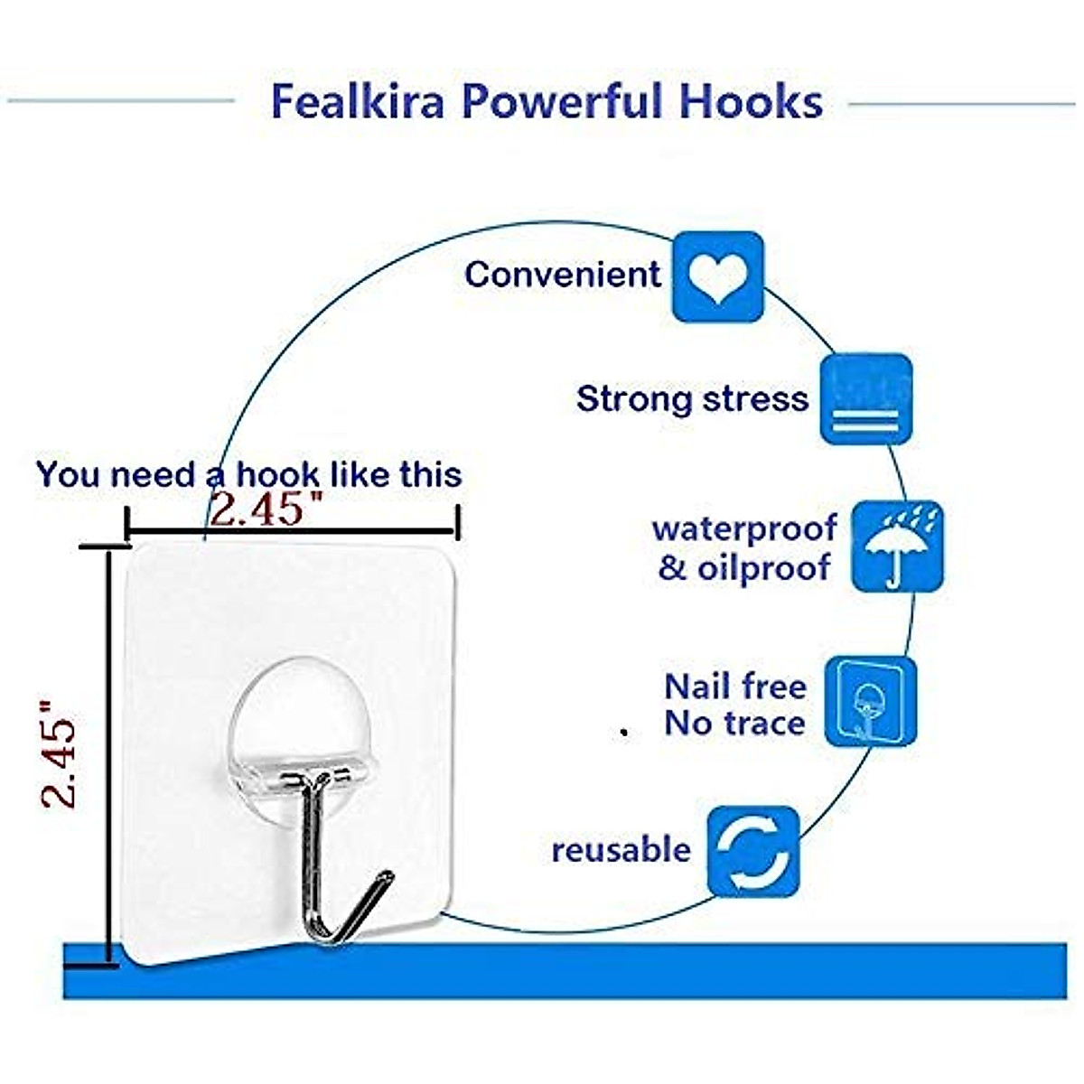 Fealkira Adhesive Wall Hooks 13.2lb(Max) Utility Stainless Steel Hook for Towel Bathrobe Coats,Bathroom Kitchen Waterproof and Oilproof Nail Free Transparent Heavy Duty Hook & Ceiling Hanger(10pcs)
