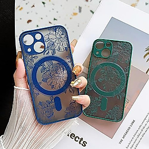 Skyseaco for iPhone 13 Mini Case Compatible with MagSafe for Black Frosted PC Back Protector Flower Shockproof Purple Floral Blooms Design Protective Women Girls Phone Case - Flower Blooms/Dark Blue