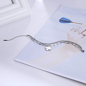 LIKGREAT 4 Leaf Clover Bracelet Double Chains Lucky Love Symbol Four Leaf Clover Charm Bracelet for Women(Silver Tone)