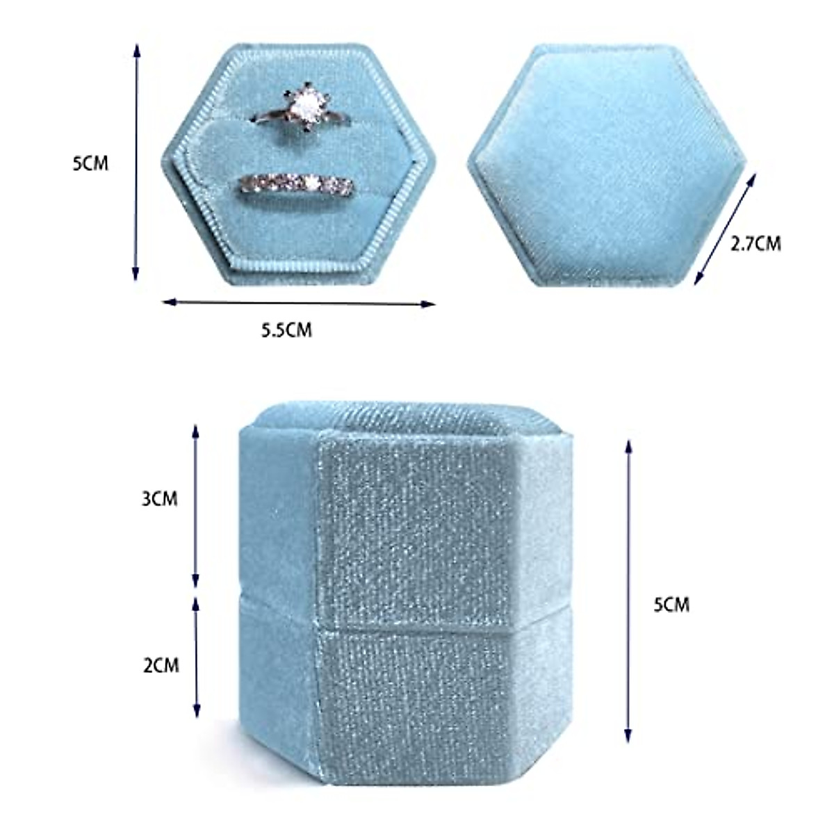 Velvet Ring Box, Hexagon Ring Holder, Double Slots Rings Bearer Jewelry Boxs 2 slot for Proposal,Engagement,Wedding(Light Blue)