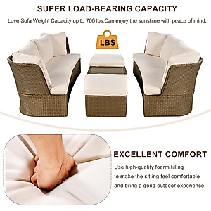 XD Designs 5-Piece Outdoor Patio Daybed Convertible Sofa Set, All-Weather PE Wicker Conversation Set with Washable Cushions and Liftable Coffee Table for Garden Backyard Poolside (Beige+HD)