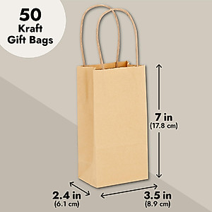 Juvale 50 Pack Small Brown Gift Bags with Handles, 3.5 x 2.4 x 6.3 Inch Bulk Kraft Paper Material Bags for Party Favors and Goodies
