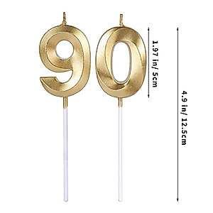 Gold 90th Birthday Candles for Cakes, Number 90 9 Glitter Candle Cake Topper for Party Anniversary Wedding Celebration Decoration