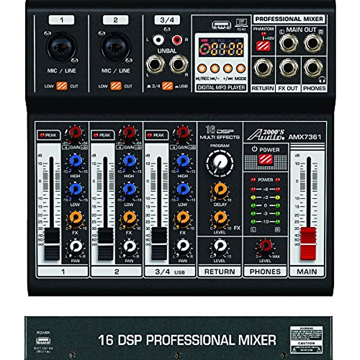Audio2000'S AMX7361 Four-Channel Audio Mixer with USB 5V Power Supply, USB Interface, and Sound Effect
