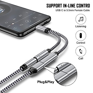 USB Type C Splitter 2-in-1 USB-C to Aux Audio Adapter with PD Fast Charging Dongle Cable,USB C to 3.5mm Headphone Jack Adapter for Samsung Galaxy A15 A54 S24 S23 Ultra S22 S21 S20 Note 20,Pixel 8 7 6