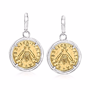 Ross-Simons Italian Replica Lira Bee Coin Drop Earrings in Sterling Silver and 18kt Gold Over Sterling