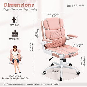 Pink Desk Chair Ergonomic Office Chair Lumbar Support Desk Chairs with Wheels and Flip-up Armrest Adjustable PU Leather Computer Chair Backward Tilt, Pink