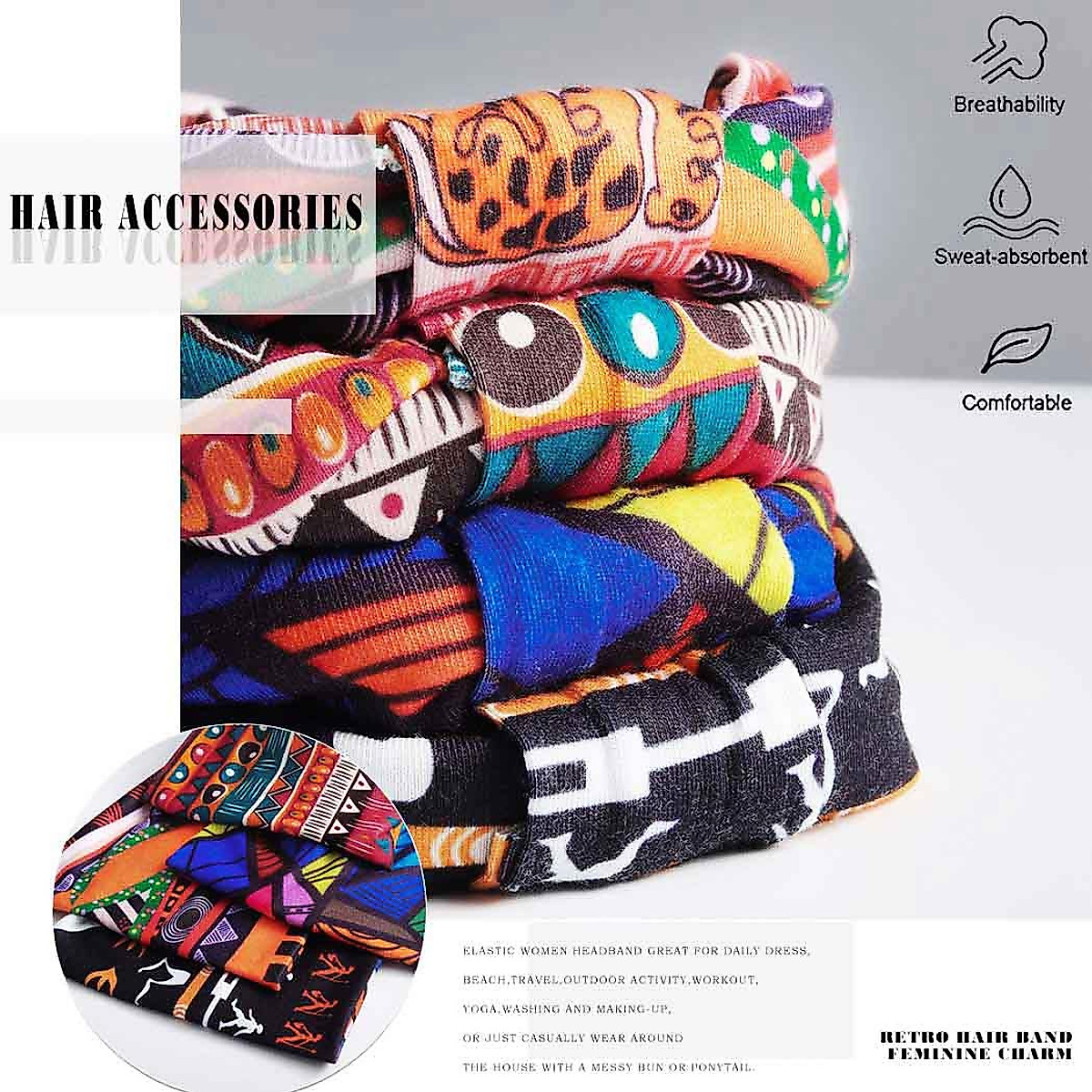 Aceorna African Headbands Boho Knotted Hairbands Stretch Wide Head Wraps Elastic Yoga Turban Hair Scarfs Workout Printed Hair Accessories for Women Pack of 4 (Style A)