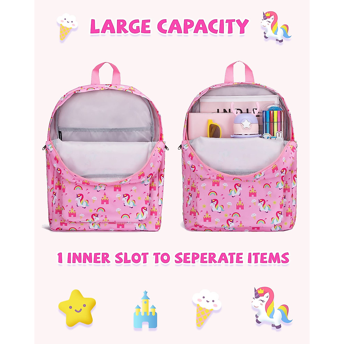 Vorspack Kids Backpack for Girls, Unicorn Backpack with Chest Strap for Preschool Kindergarten Elementary school - Pink