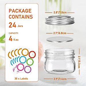 24 Pack 4 oz Mason Jars with Lids, Glass Canning Jars with Regular Mouth Lids, Canning Jars for Jam, Candy and Wedding Favors