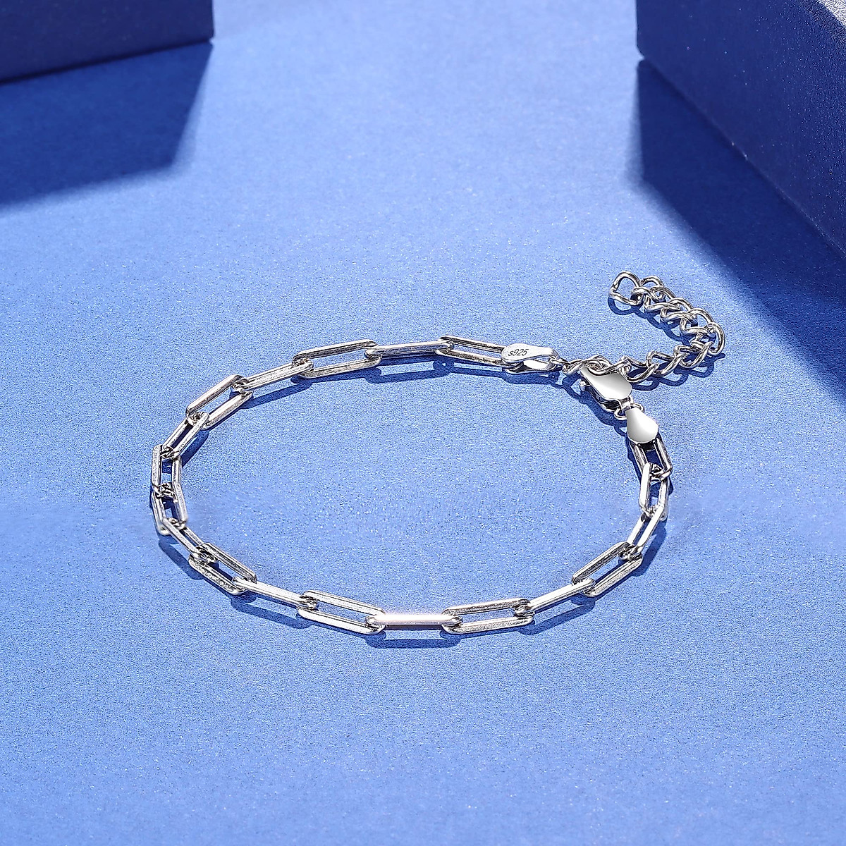 Sterling Silver Paperclip Bracelet for Women Solid Silver Link Chain Bracelets Dainty Fashion Adjustable Paper Clip Bangles Jewelry Gift