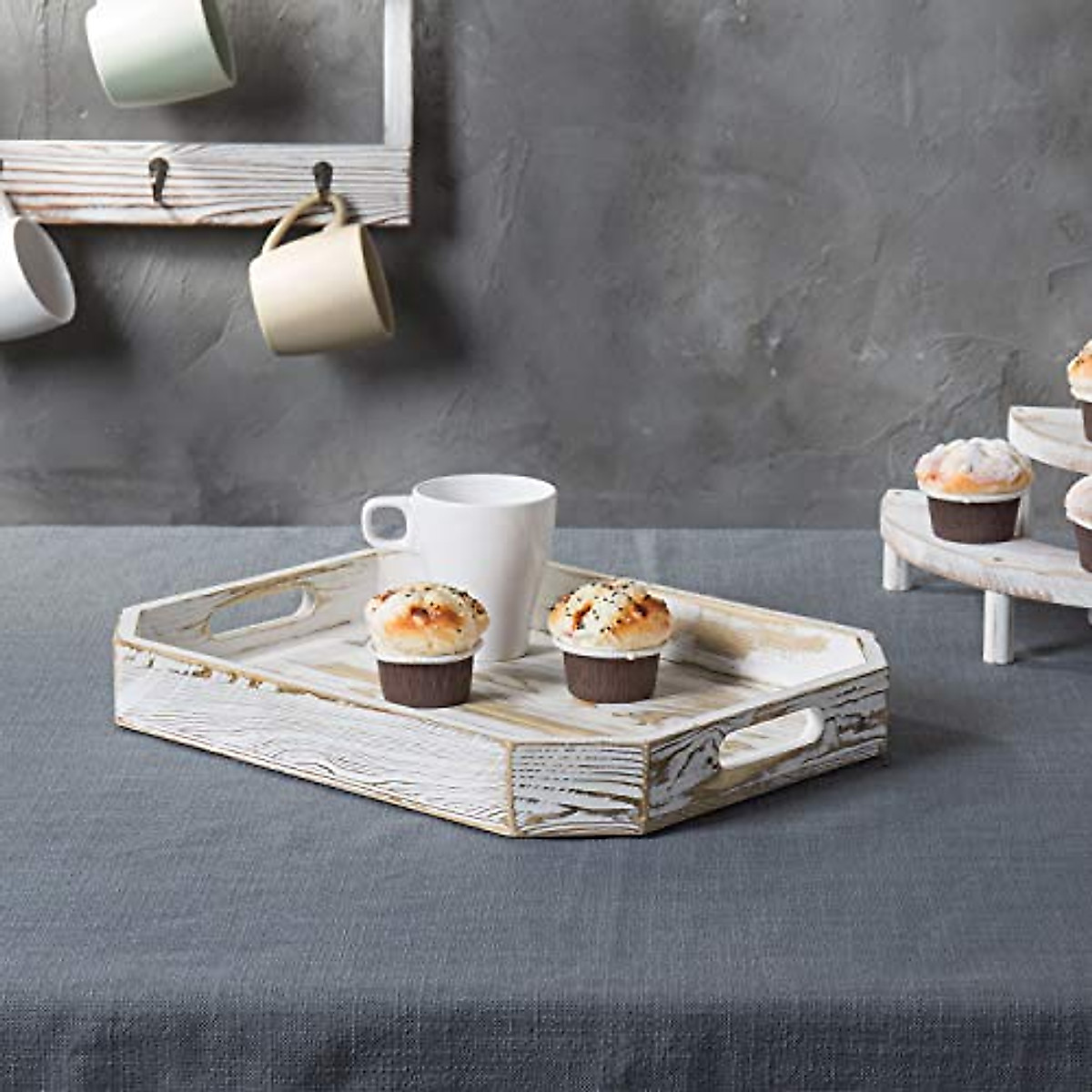 MyGift Shabby White Washed Solid Wood Large Serving Breakfast Tray with Cut-out Handles and Angled Edges, Decorative Ottoman Coffee Table Server Tray Platter, 16 x 12 inch