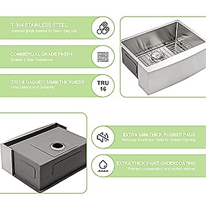 Lofeyo 27 Inch Farm Sink, Stainless Steel Farmhouse Sink Apron Front 16 Gauge Single Bowl Farm Kitchen Sink R10 Round Corner Basin