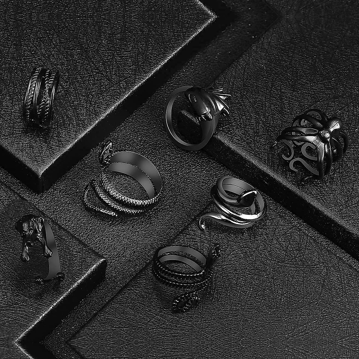 16 PCS Y2K Open Black Vintage Golden Punk Rings for Women Girls Mens Cat Snake Bat Devil Wing Dog Spider Rose Adjustable Retro Cool Ring Claw Skull Gothic Rings Jewelry