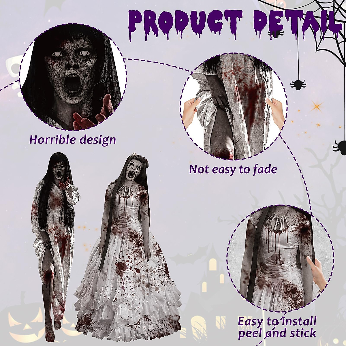 Naozinebi Halloween Wall Decorations Stickers Large Scary Female Ghost Bride Wall Decals Haunted House Decoration Halloween Clings for Halloween Home Window Door Indoor Decorations