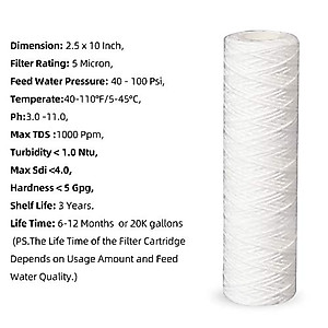 Geekpure 10 Inch PP Wound String Spun Sediment Replacement Filter for Reverse Osmosis System- 2.5" x 10"-5 Micron-4 Pack