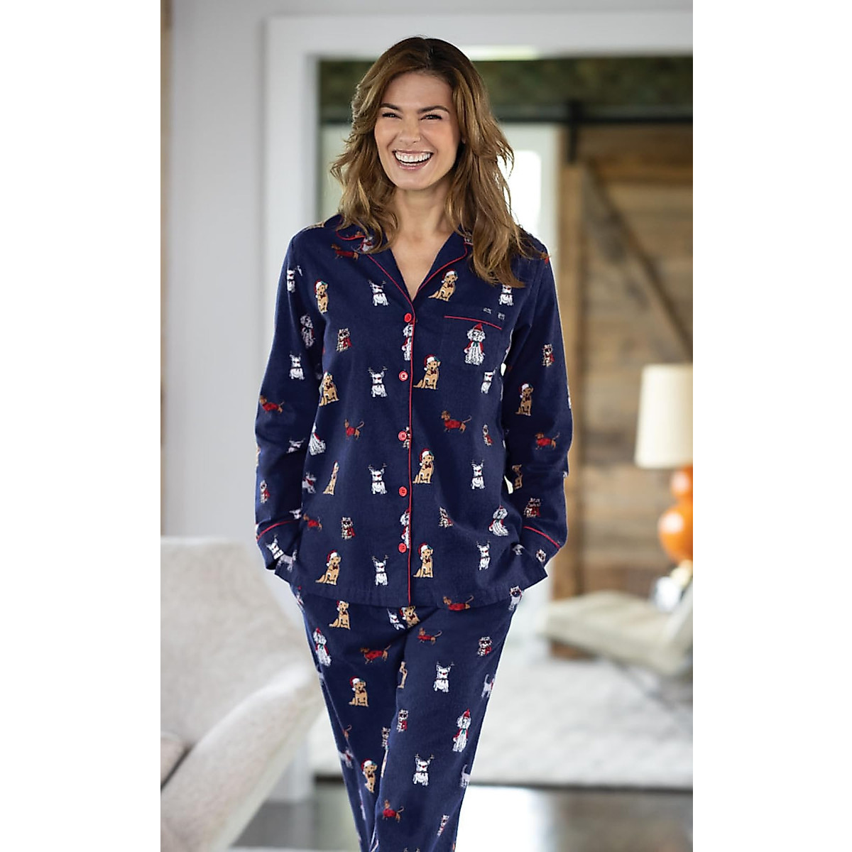 PajamaGram Womens Flannel Pajamas - Women's Dog Pajamas, Navy, MD