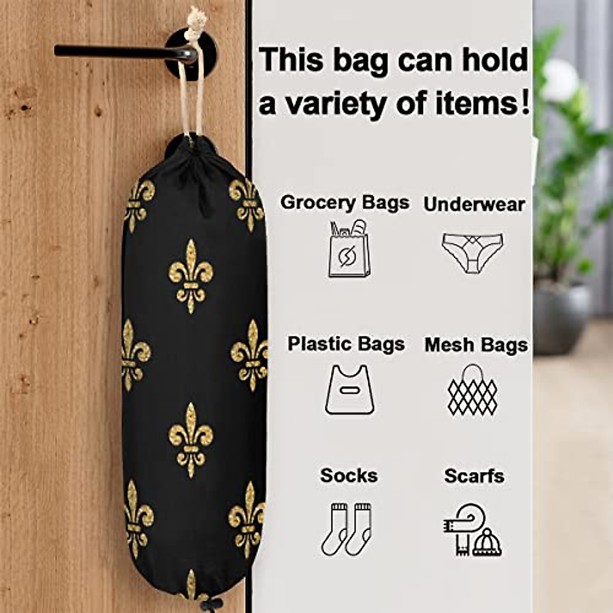 Plastic Bag Holder Golden Fleur De Lis Pattern Wall Mount Grocery Bag Holder Washable Plastic Bag Dispenser Garbage Bag Organizer for Home Kitchen Decor, Gifts for Women Mom Family Friends