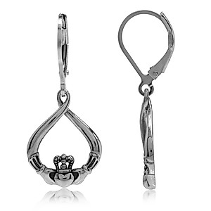 Silvershake 925 Sterling Silver Irish Claddagh Drop Shape Dangle Leverback Earrings