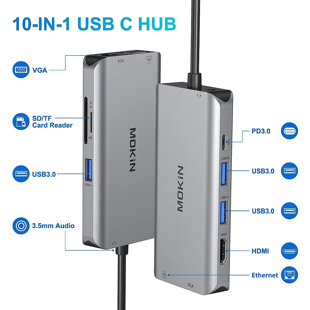 USB C Hub Multiport Adapter, 10 in 1 Dual Display USB C Hub with 4K HDMI, VGA, 100W PD 3.0, 3 USB 3.0,Gigabit Ethernet,SD/TF,Audio Port,USB C Docking Station Compatible for MacBookPro/Dell/Hp/Lenovo