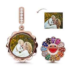 GNOCE Customised Sunflower Charms Pendant Christmas Charms Gifts Sterling Silver Personalized Photo Charm With Colorful Cubic Zirconia fit All Bracelets Necklaces