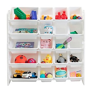 UNiPLAY 5 Tier Toy Storage Organizer with 20 Removable Bins, Re-Configurable Base, Multi-Functional for Books, Building Blocks, School Materials, Toys, or Garage Storage with Baseplate Board Frame