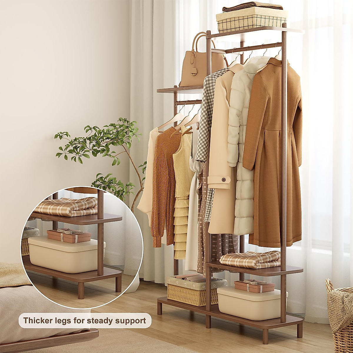 KASLANDI Solid Wood Clothes Rack,Garment Rack for Hanging Clothes,Walnut Clothing Rack with Shelves,Portable Clothes Rack,Double Clothing Rack, Freestanding Clothing Rack for Entryway and Bed Room