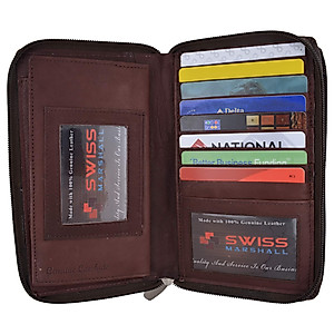 Swiss Marshall Womens Wallet Genuine Leather Double Zip Around Phone Clutch Large Travel Purse Ladies Wallet (Brown)