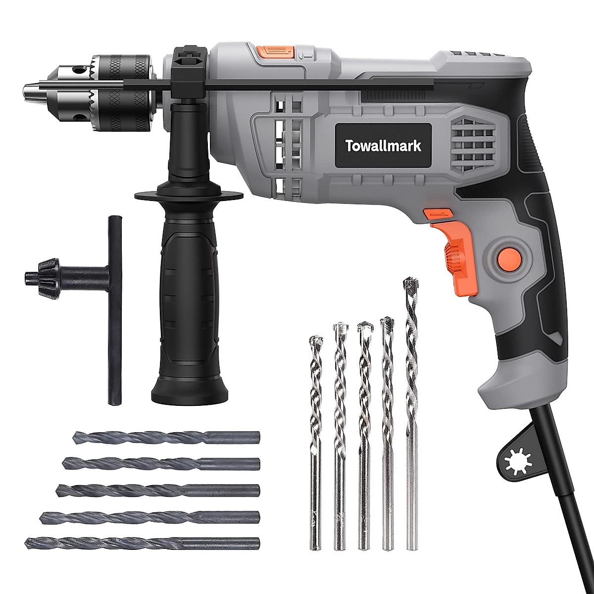 Towallmark 7-Amp (850W) Hammer Drill, 1/2-Inch Corded Electric Hammer Drill with 3000RPM, Variable Speed, 10 Drill Bits for Home Improvement, DIY, Steel, Masonry, Wood (NOT for Reinforced Concrete)